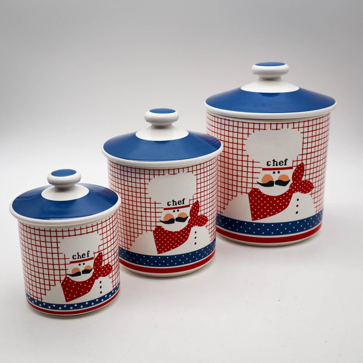 3 Vtg '80s Enesco Chef Ceramic Kitchen Canister Set W/ Lids Pat Meyers ...