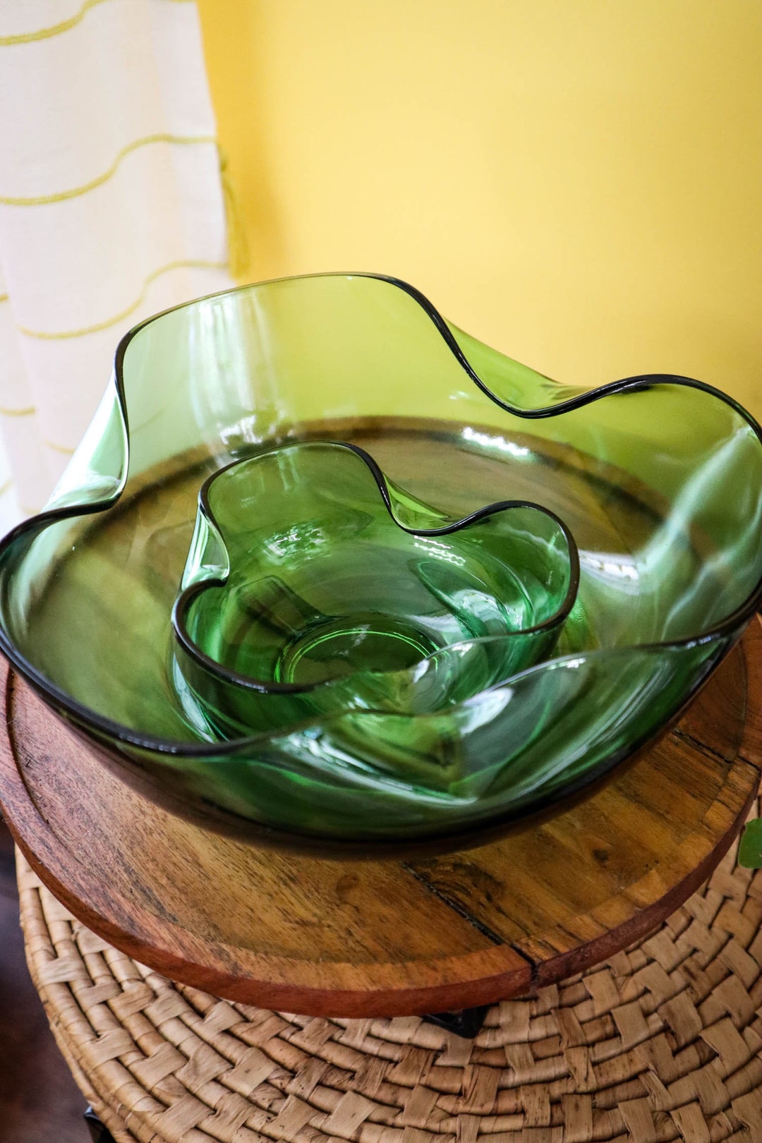 Vtg Anchor Hocking Blown Green Glass Chip & Dip Bowls Set Pinched Glass ...