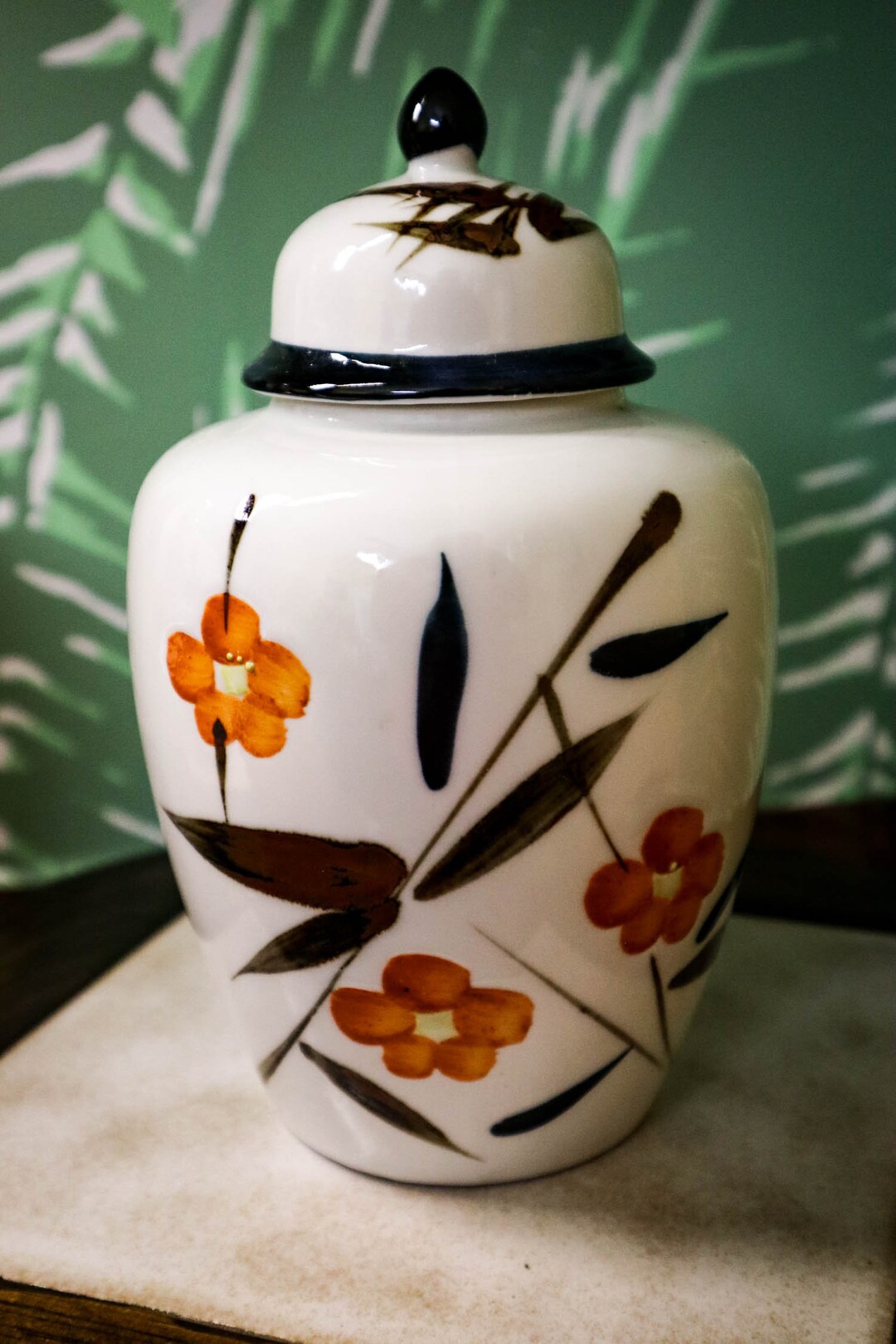 Vintage Japanese Porcelain Ginger Jar With Lid Hand Painted Floral ...