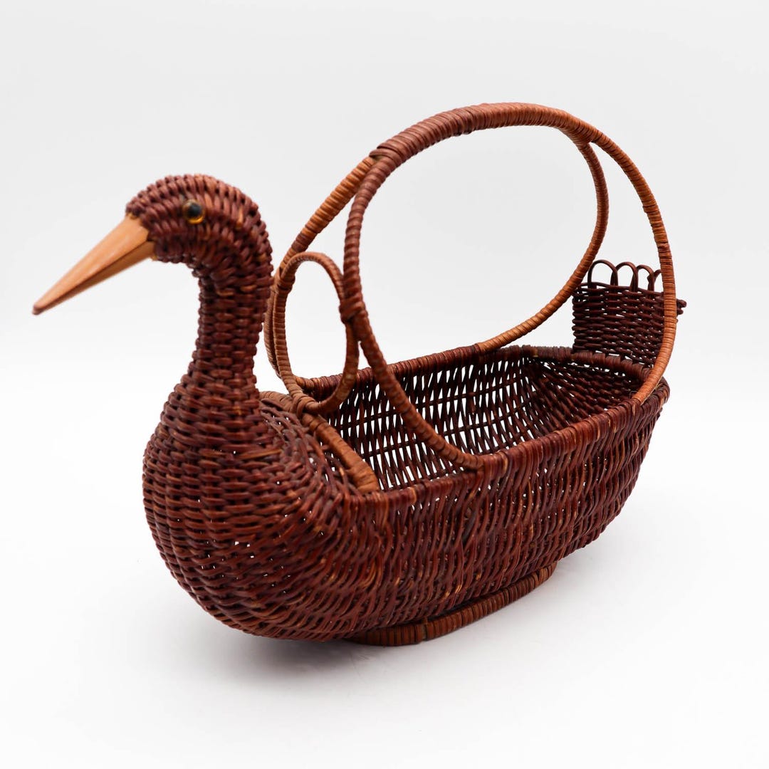 Vintage Wicker Rattan Duck Basket W/ Handle, Glass Eyes, & Wood Beak ...