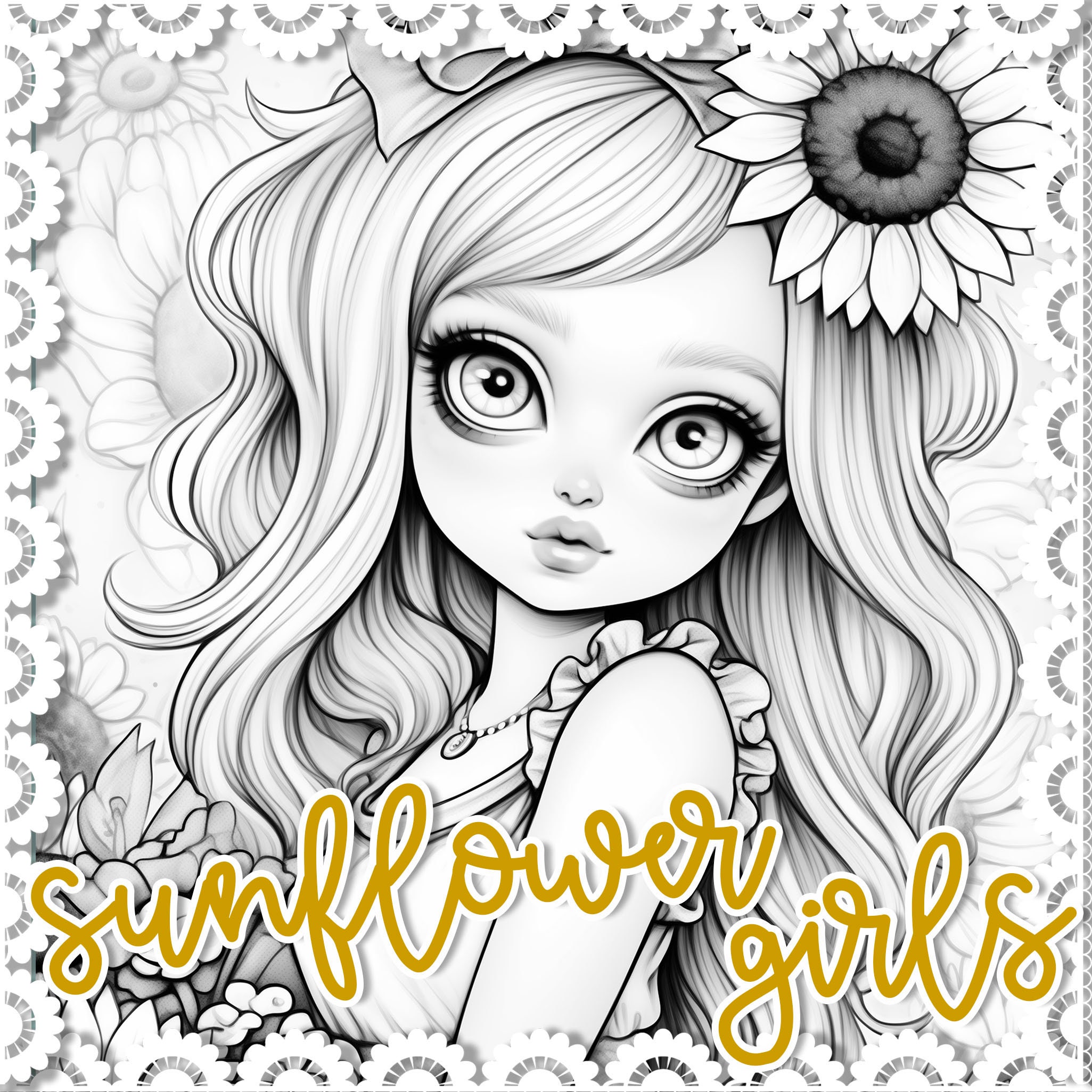 Sunflower Cuties to Color Printable Coloring Book Chibi Doll Floral ...
