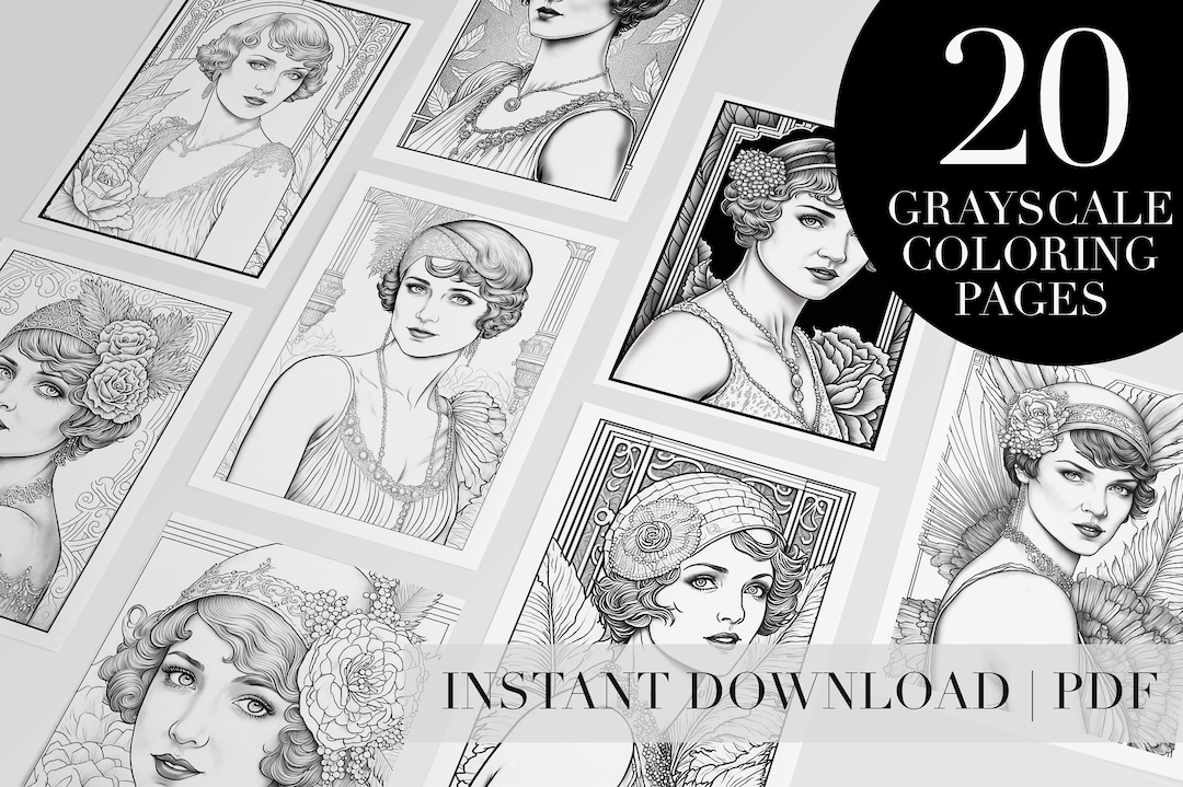 Grayscale Coloring Book for Adults Coloring Pages 1920s Flapper ...