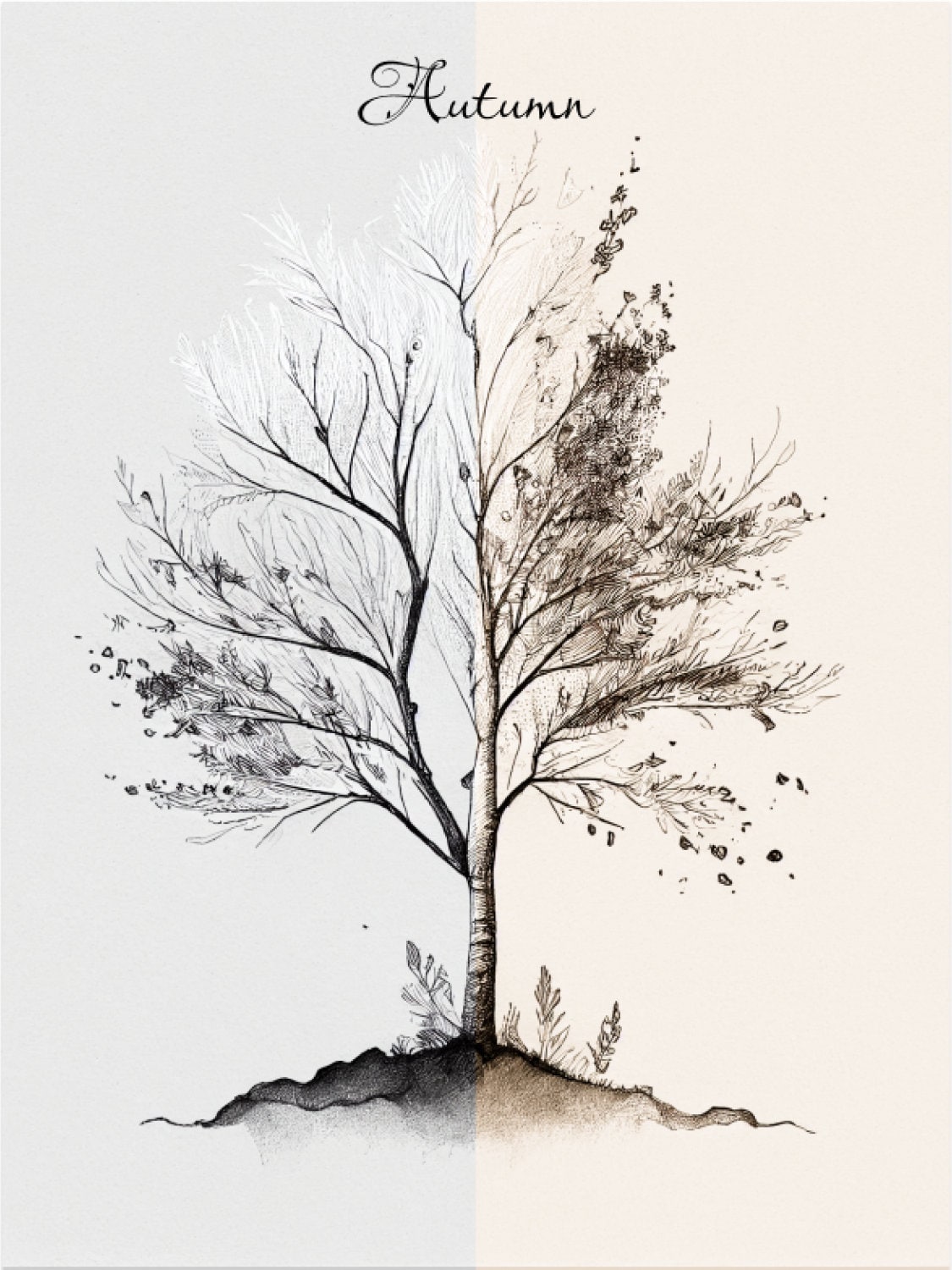 Tree Drawing, Minimalist Art, Autumn Leaves, Nature Sketch, Seasonal ...