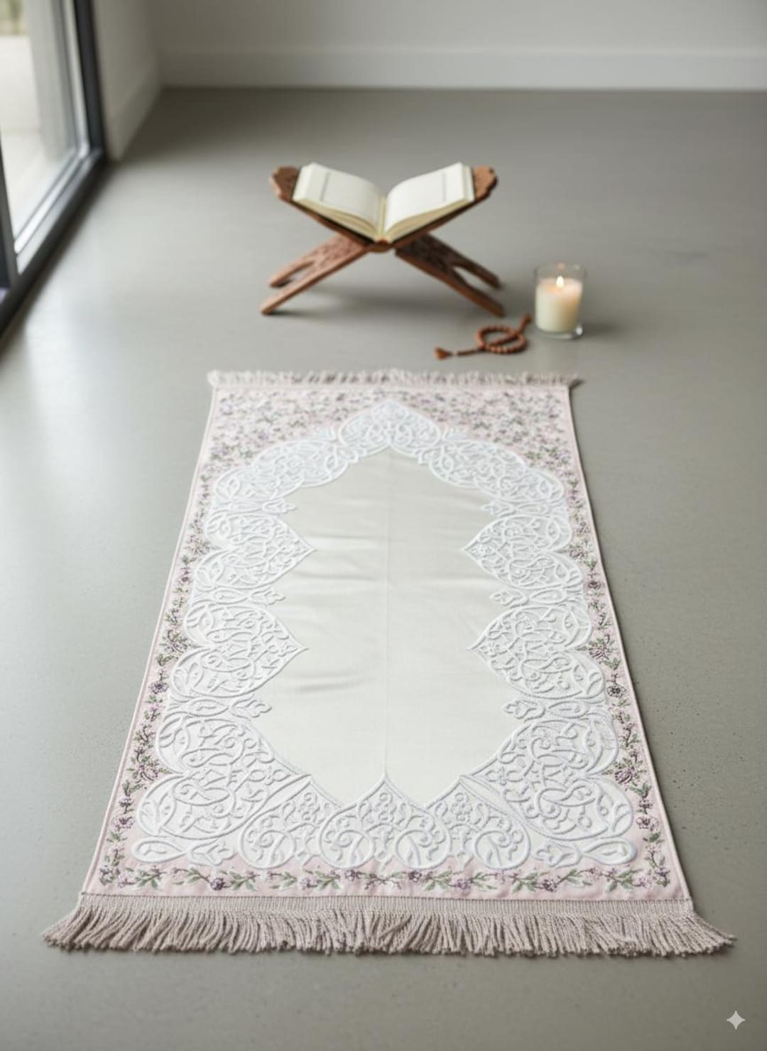 Embroidered Floral Prayer Rug: Islamic Salah Mat With Fringes - Etsy