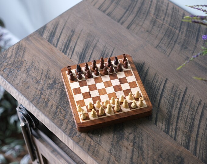 Handmade Wooden Chess Set - 7.5" Folding Magnetic Travel Chess Set ...