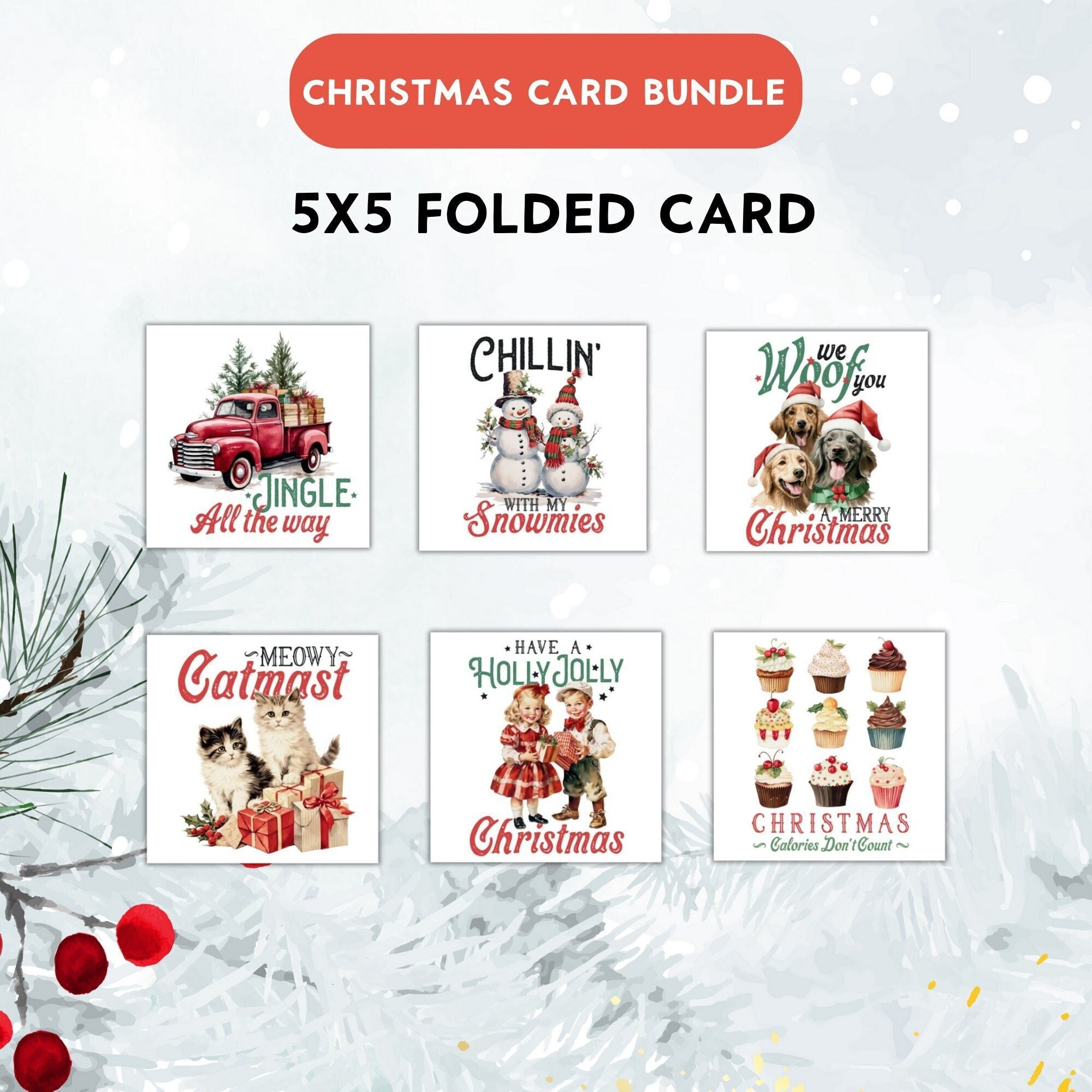 Printable Christmas Card Bundle, Merry Christmas Cards, Happy Holiday ...