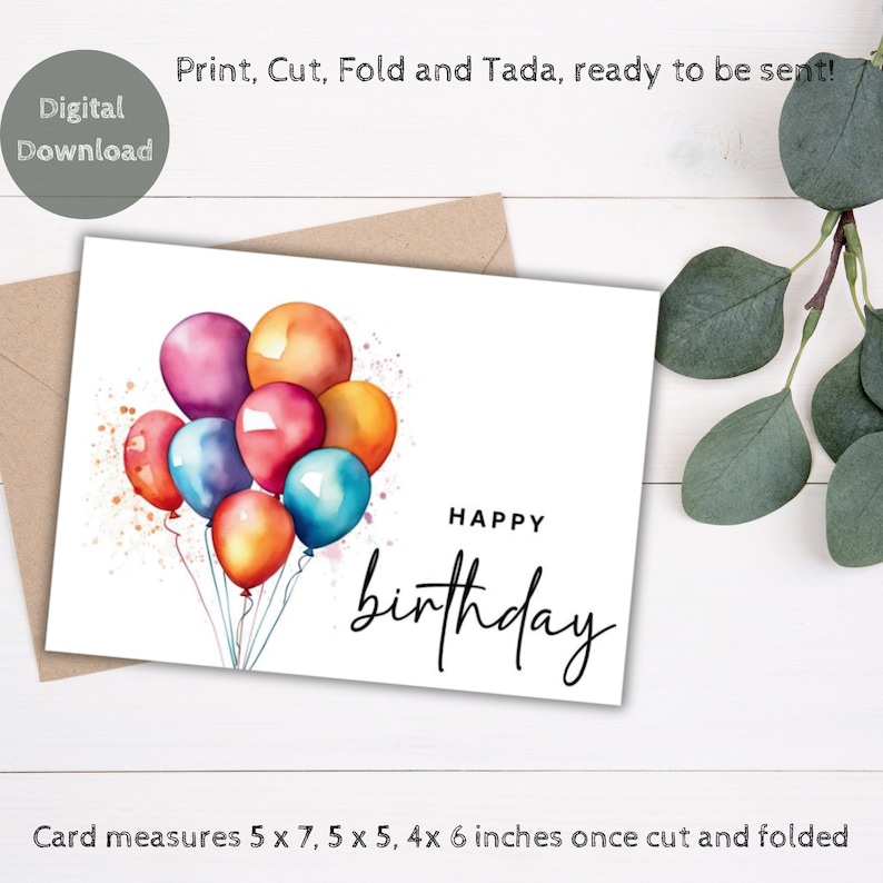 Printable Birthday Card Balloons, Watercolor Balloons Birthday Card ...