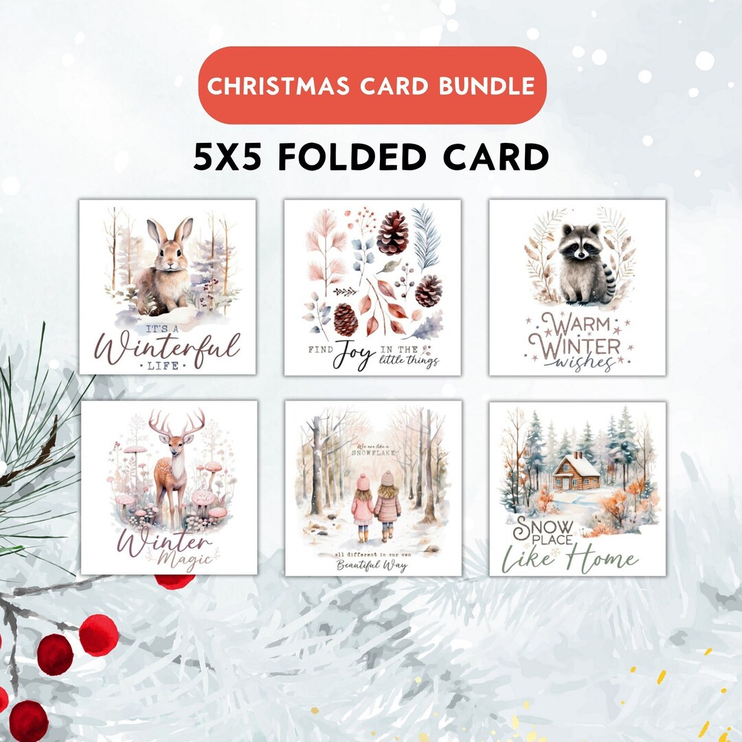 Printable Christmas Card Bundle, Winter Wood Land Merry Christmas Cards ...
