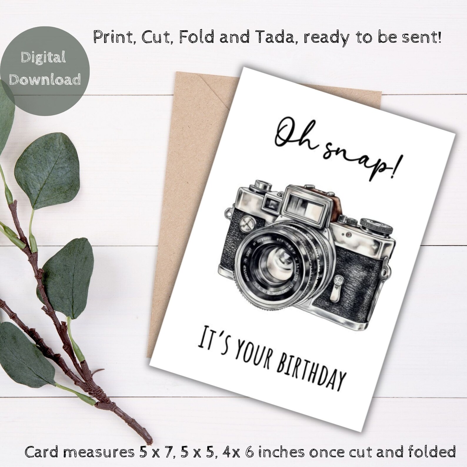 Printable Birthday Card, Printable Camera Birthday Card, Digital ...