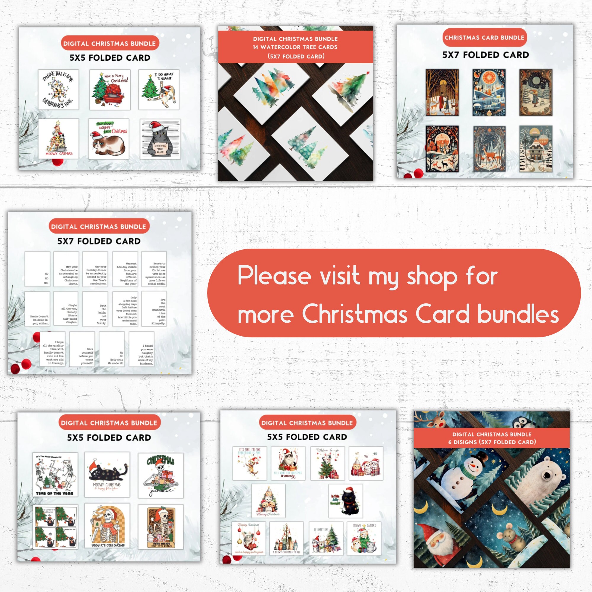 Printable Christmas Card Bundle, Merry Christmas Card Set, Happy ...