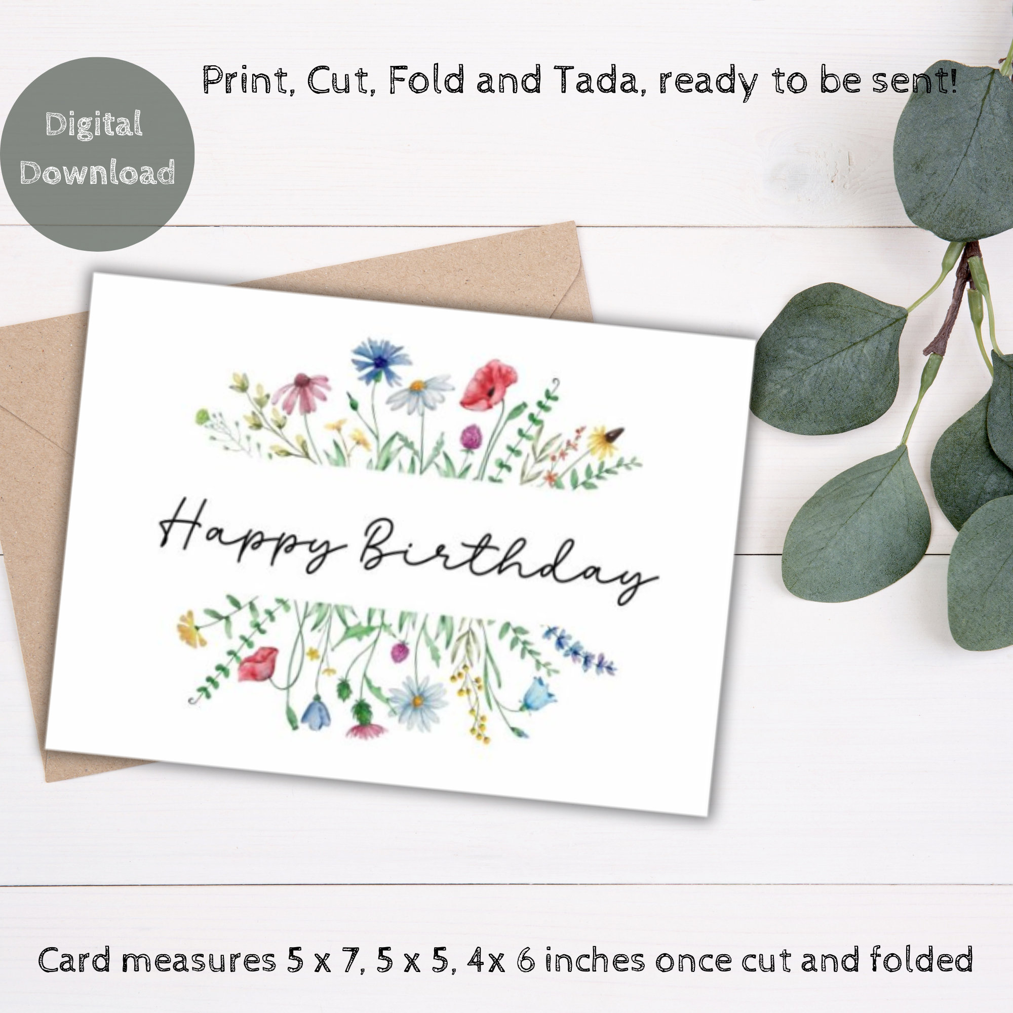 Printable Birthday Card With Flowers, Floral Birthday Card, Printable ...