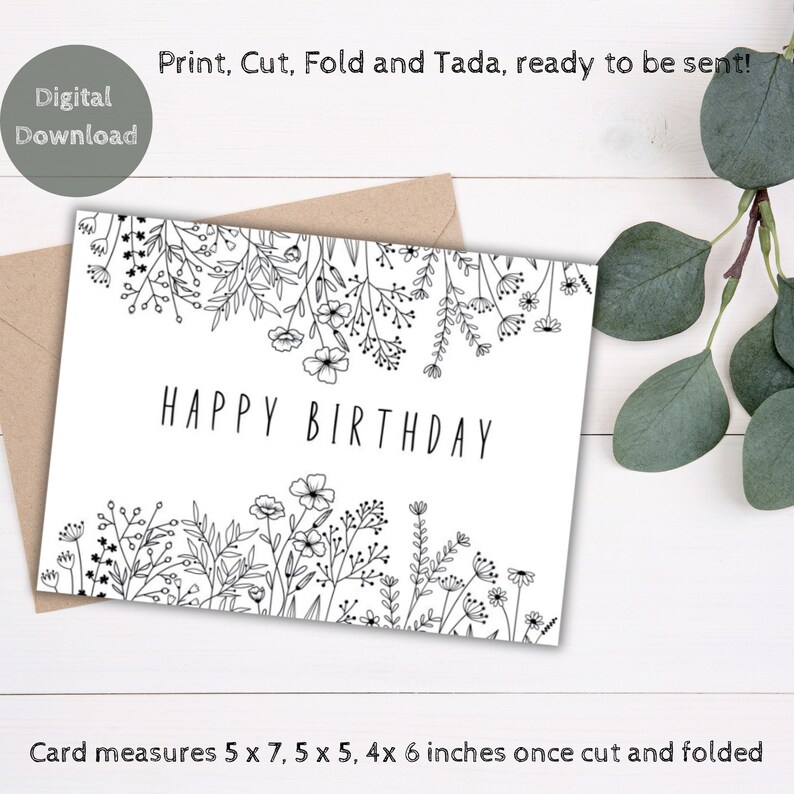 Printable Birthday Card With Flowers, Floral Birthday Card, Printable ...