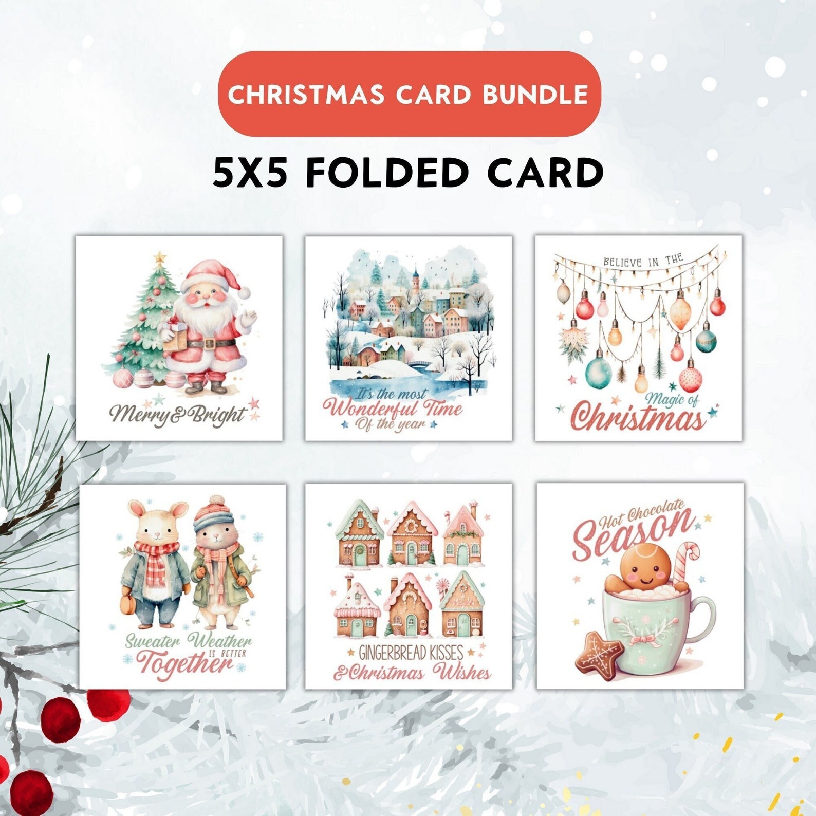 Printable Christmas Card Bundle, Merry Christmas Cards, Happy Holiday ...