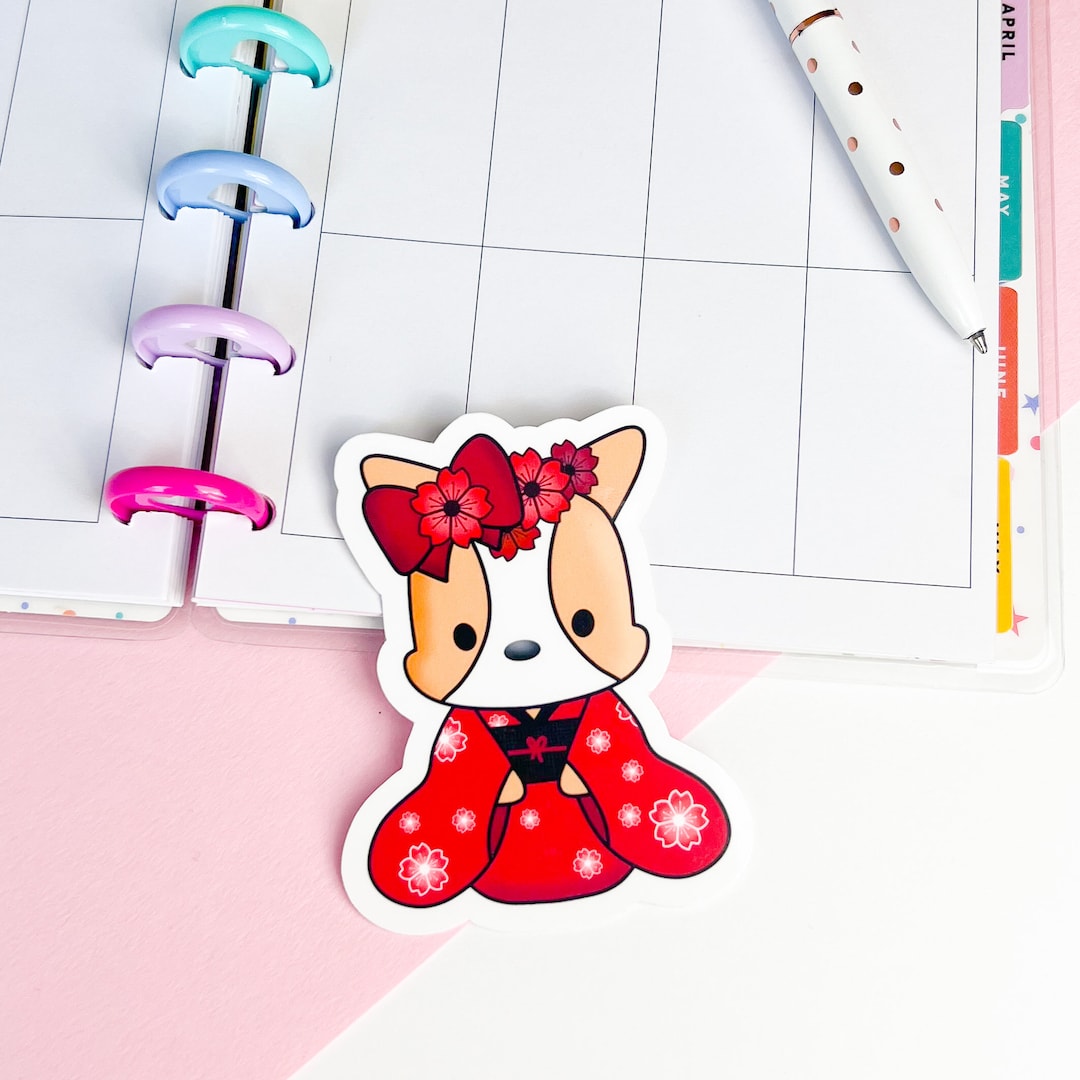 Cute Kawaii Kimono Corgi Cookie Red Flower Bow Vinyl Diecut Sticker ...