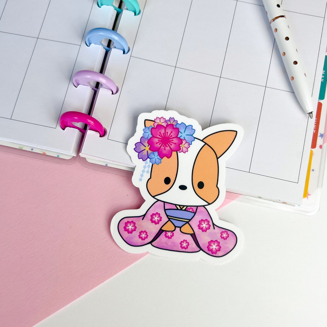 Cute Kawaii Kimono Corgi Cookie Pink Flower Bow Vinyl Diecut Sticker ...