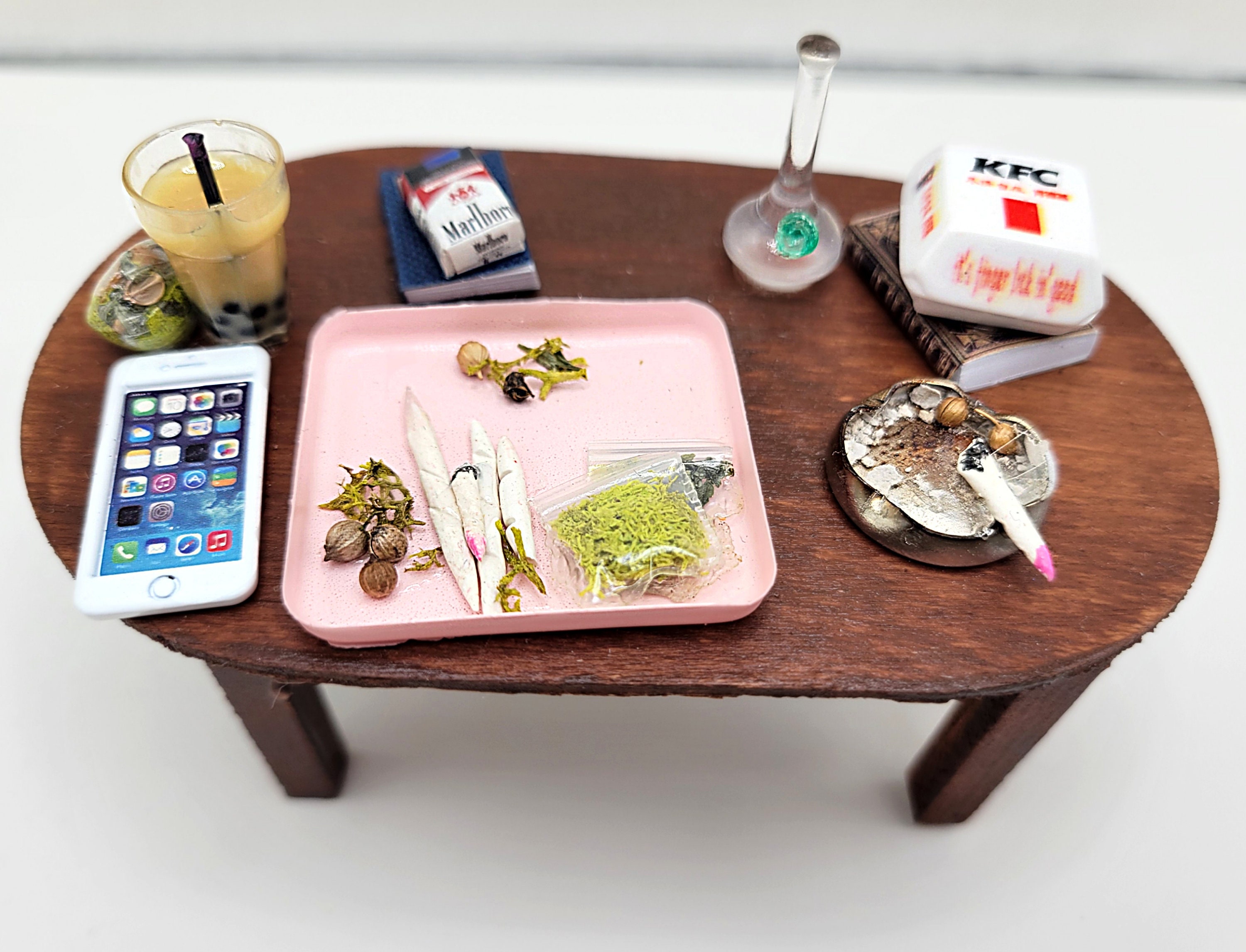 420 Dollhouse Coffee Table Miniature Fake Weed Rolling Table Ashtray ...