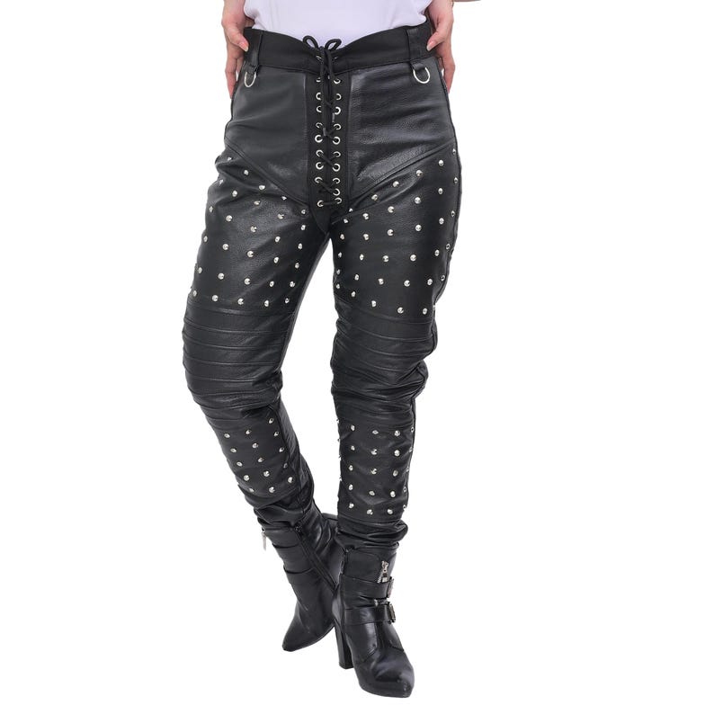 Gothic Leather Pant, New Women Designer Studded Gothic Punk Rock Black Cow Hide Leather Pants ...