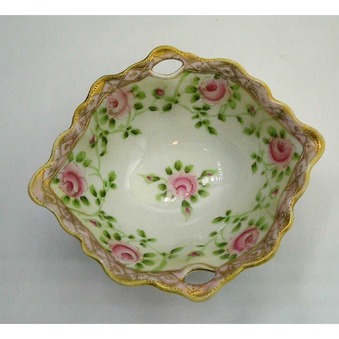Antique Hand-painted Nippon Porcelain Bowl With Pink Roses & Gold Trim ...