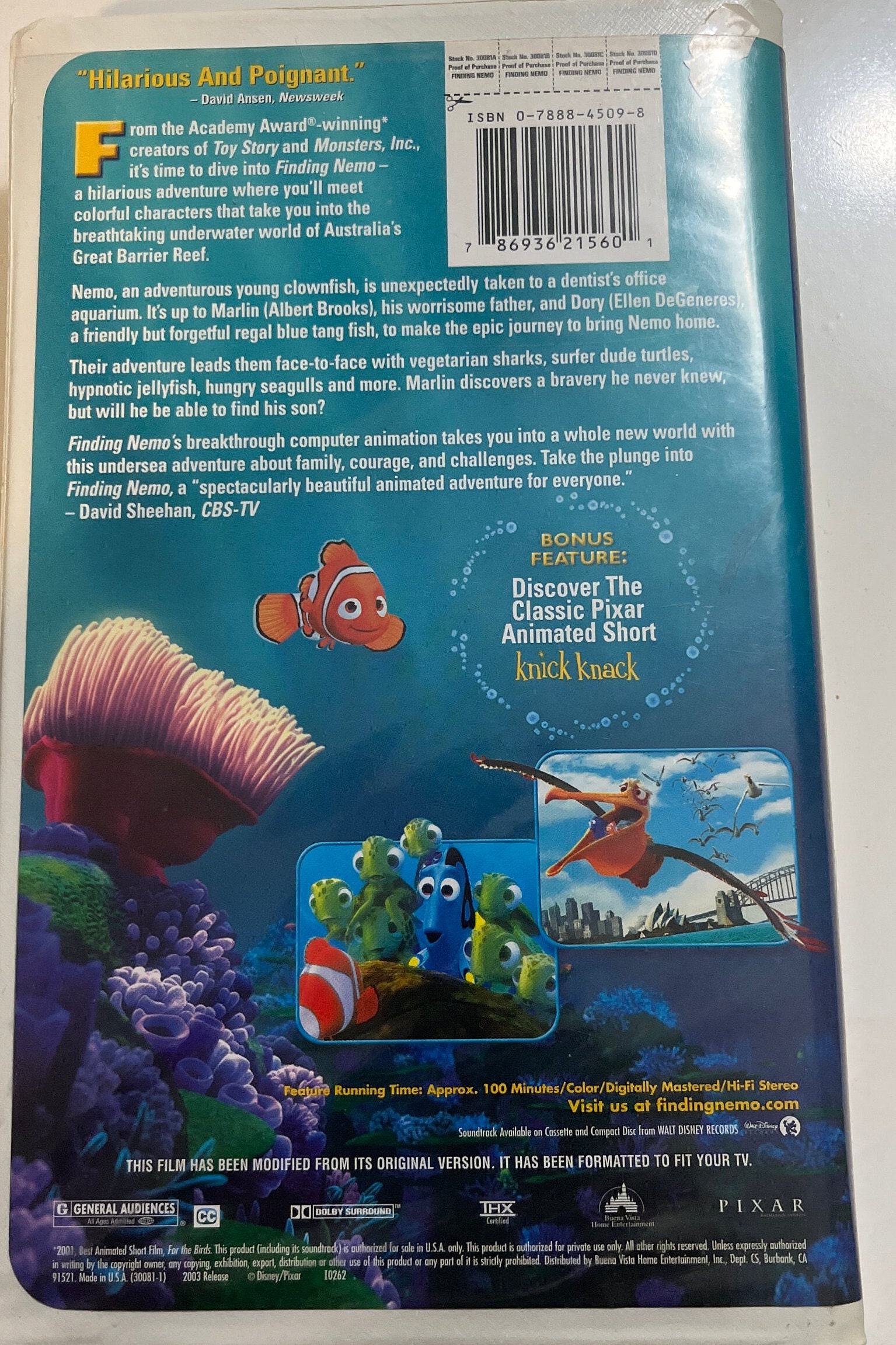 Walt Disney Pictures Pixar Finding Nemo VHS 2003 30081 Great Barrier ...