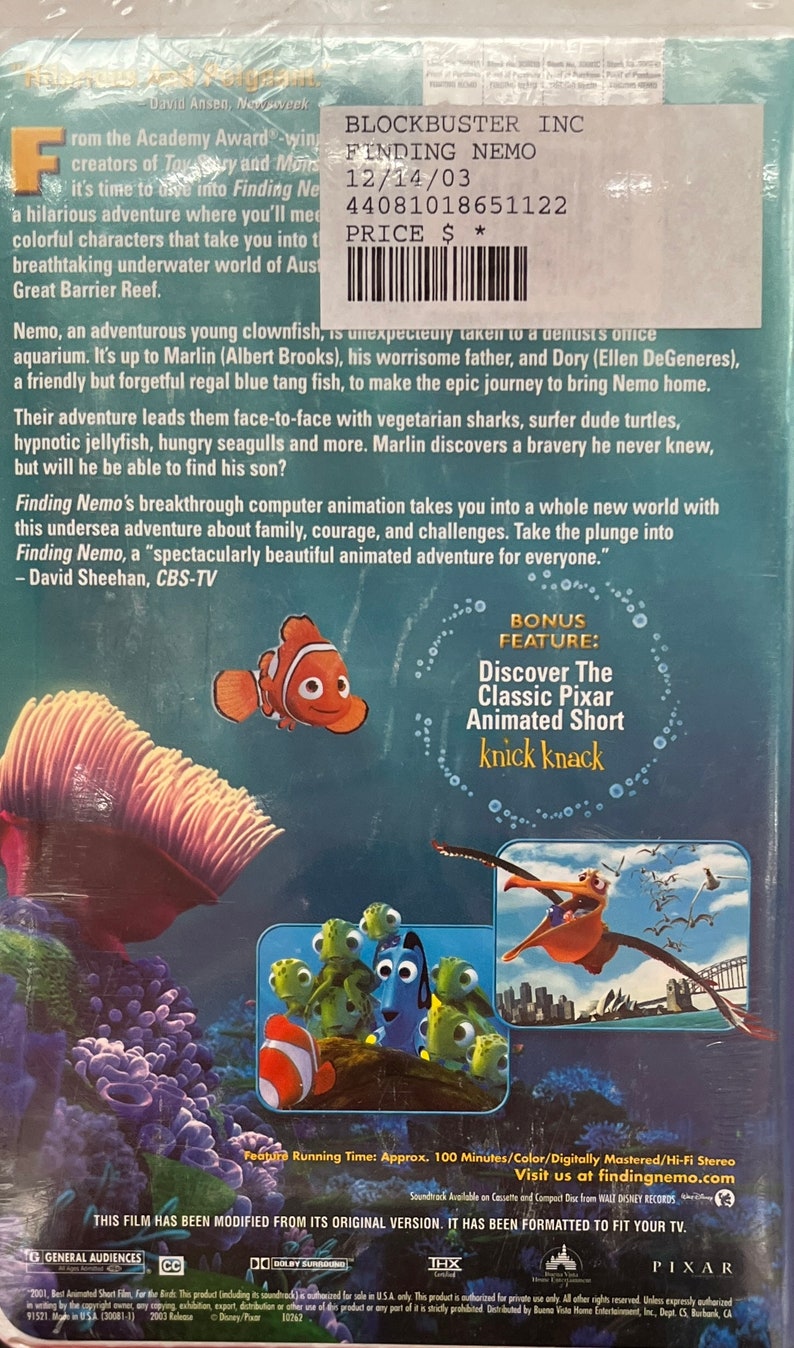 1st Edition Pixar Finding Nemo VHS 2003 30081 NIB Includes Bonus knick ...