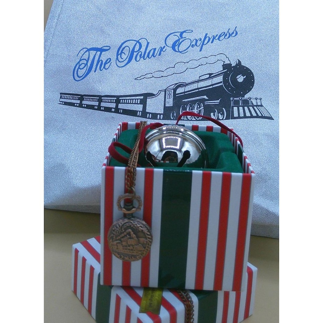 The Polar Express Gift Set Silver Bell & Pocket Watch in Striped Box ...