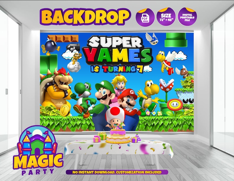 Super Bowser Backdrop 72''x48'' - Customizable - Birthday Backdrop ...