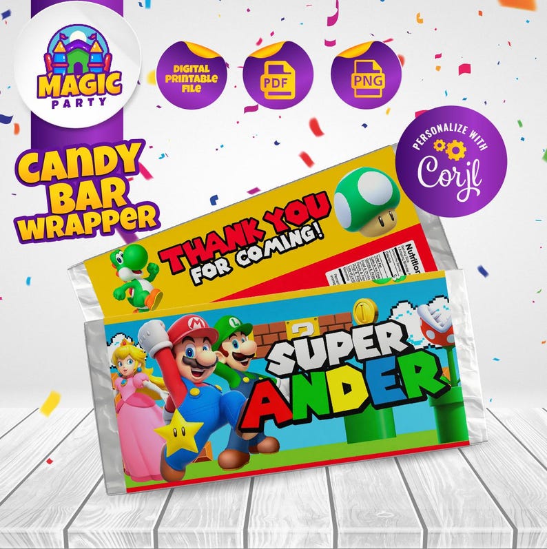 Super Mario Birthday Candy Bar Wrapper - 5.2 X 5.8" Printable Labels ...