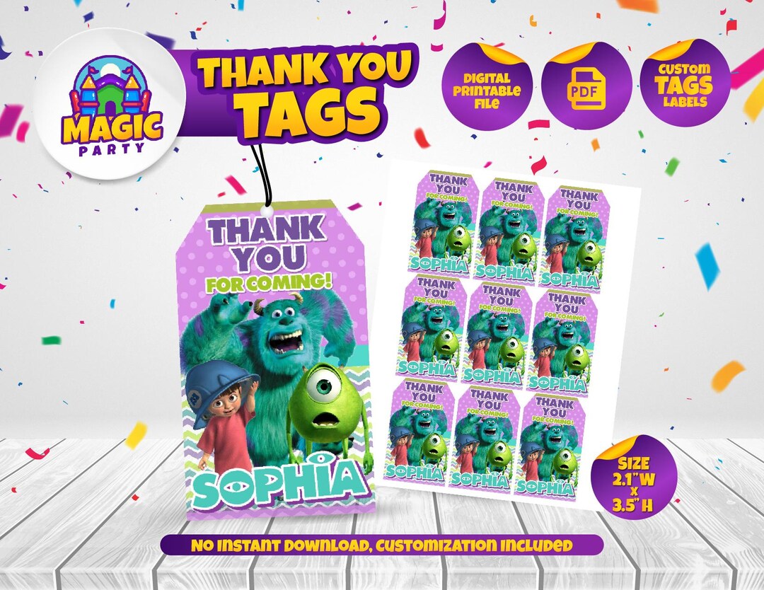 Monsters Inc Thank You Tags - 2.1x3.5in - Gift Tag - Favor Tags ...