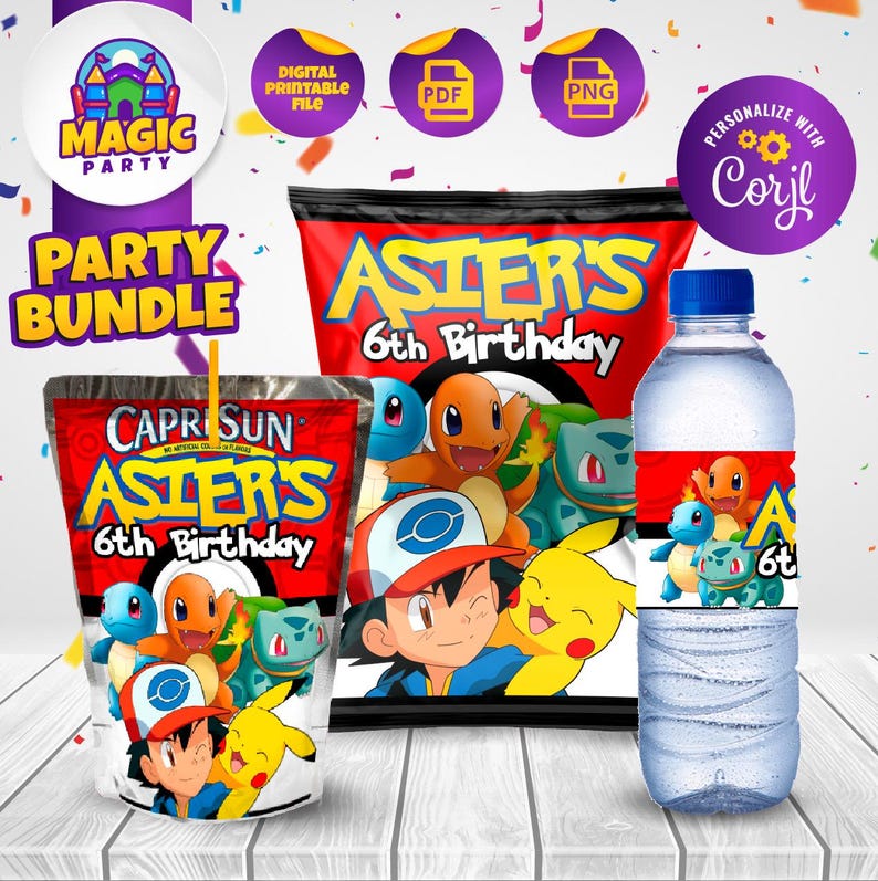 Pokemon Birthday Party Bundle - Party Treats - Chip Bag - Capri Sun ...