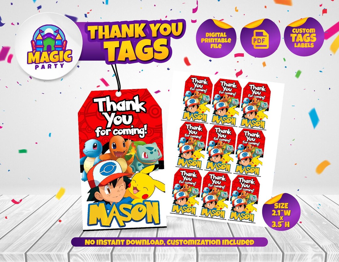 Pokemon Thank You Tags - 2.1x3.5in - Gift Tag - Favor Tags ...