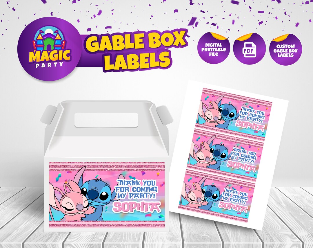 Stitch & Angel Label Gable Boxes Printable Party Treats Editable ...