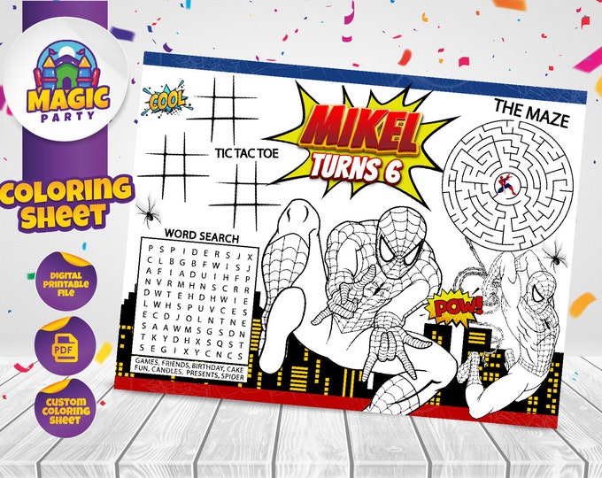 Spiderman Coloring Activity Sheet Placemat Kids Birthday Party - Etsy