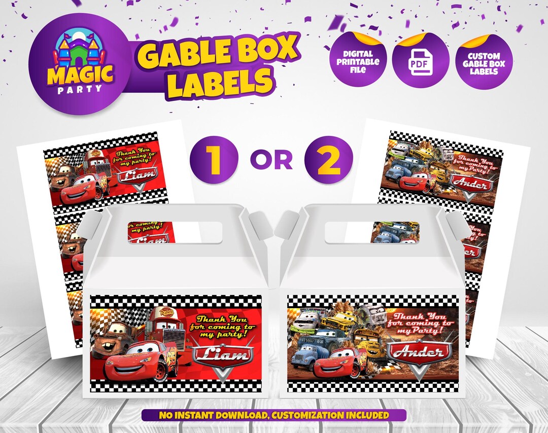Cars Gable Box Label (2 Design Options) - Printable - Party Treats ...
