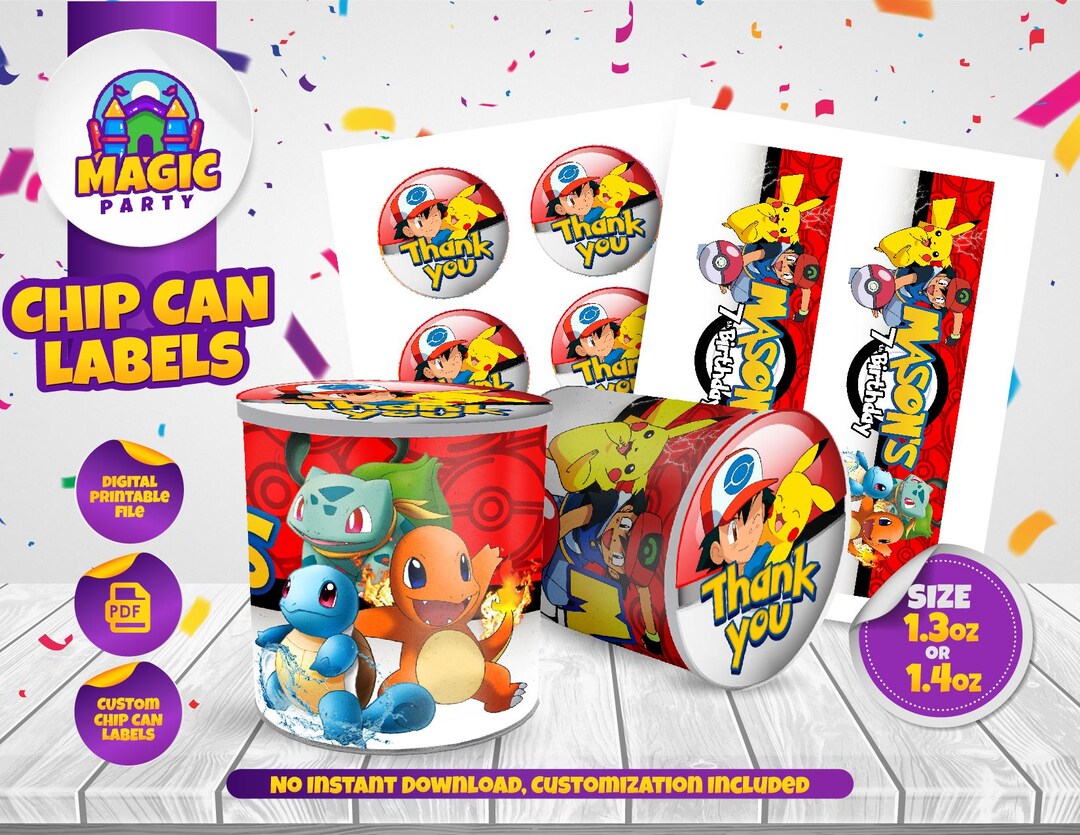 Pokemon Chip Can Label - Size 1.3oz or 1.4oz - Party Treats - Birthday ...