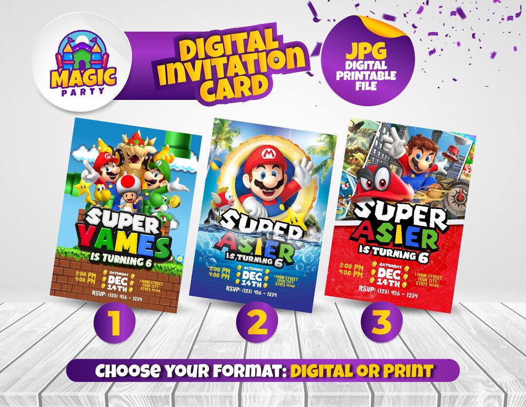 Super Mario Invitation Card 3 Design Options Birthday Invitation 5x7 ...