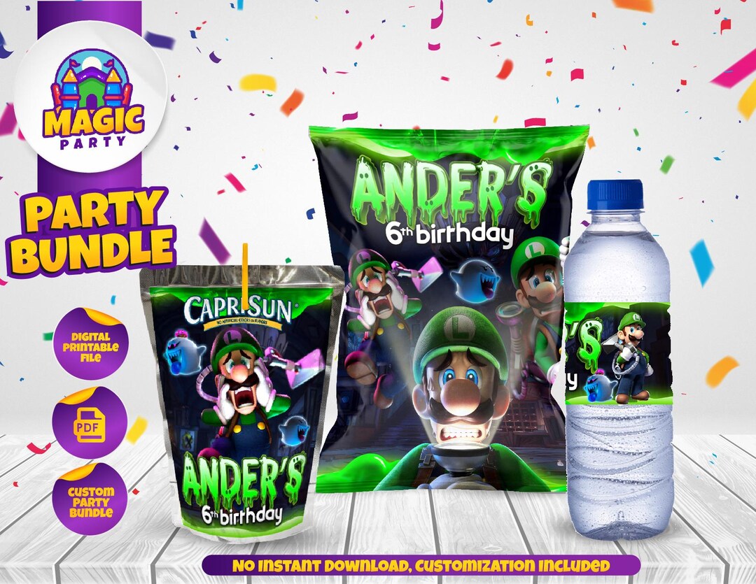 Luigi Mansion Birthday Party Bundle - Party Treats - Chip Bag - Capri ...