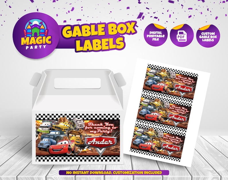 Cars Gable Box Label (2 Design Options) - Printable - Party Treats ...