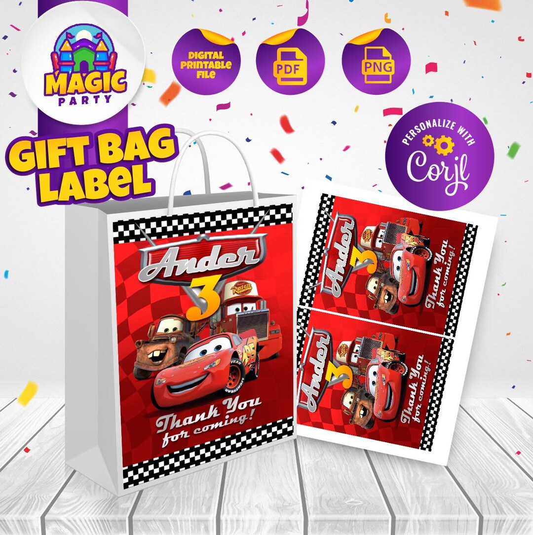 Cars Label for Party Favor Bags - 5x7 Size - Birthday Souvenir - Candy ...