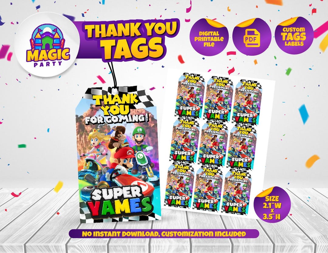 Super Mario Kart Thank You Tags - 2.1x3.5in - Gift Tag - Favor Tags ...