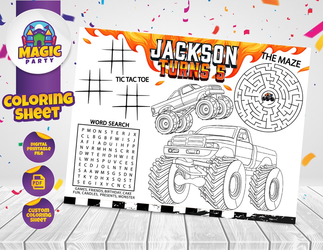 Monster Trucks Coloring Sheet - Party Activity - Birthday - Printable ...