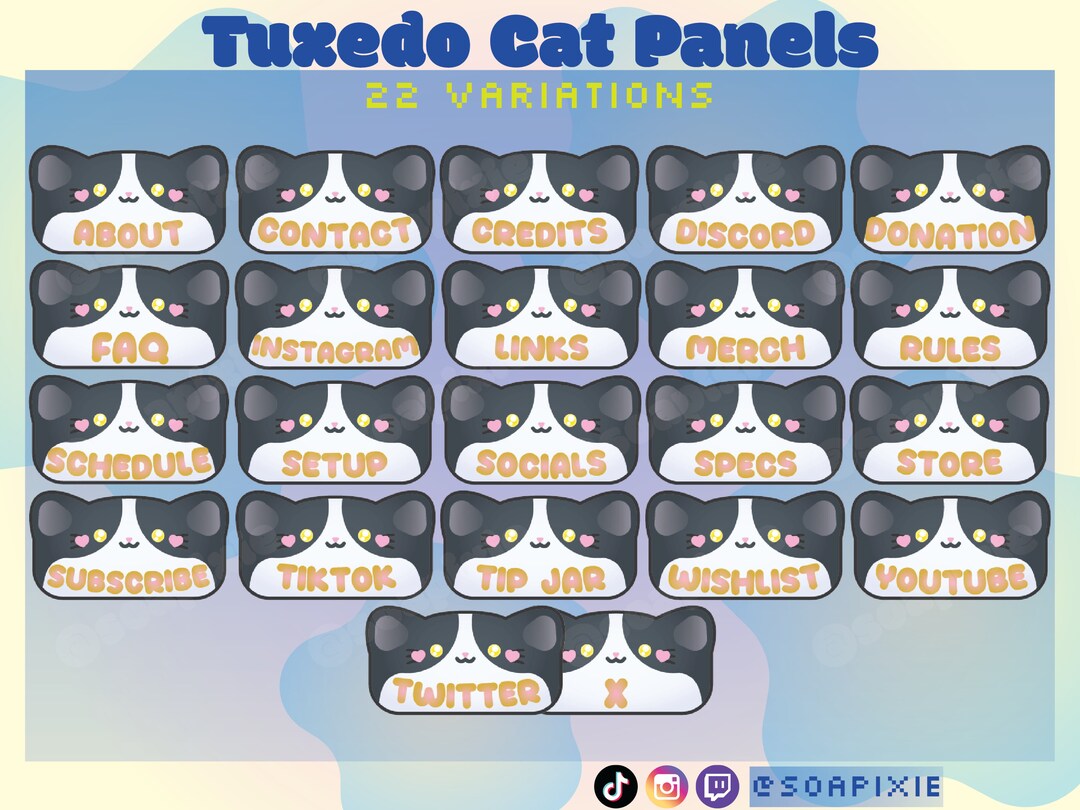 Tuxedo Cat Panels Pack | 22 Variations | Twitch Streamer Kawaii Asset ...