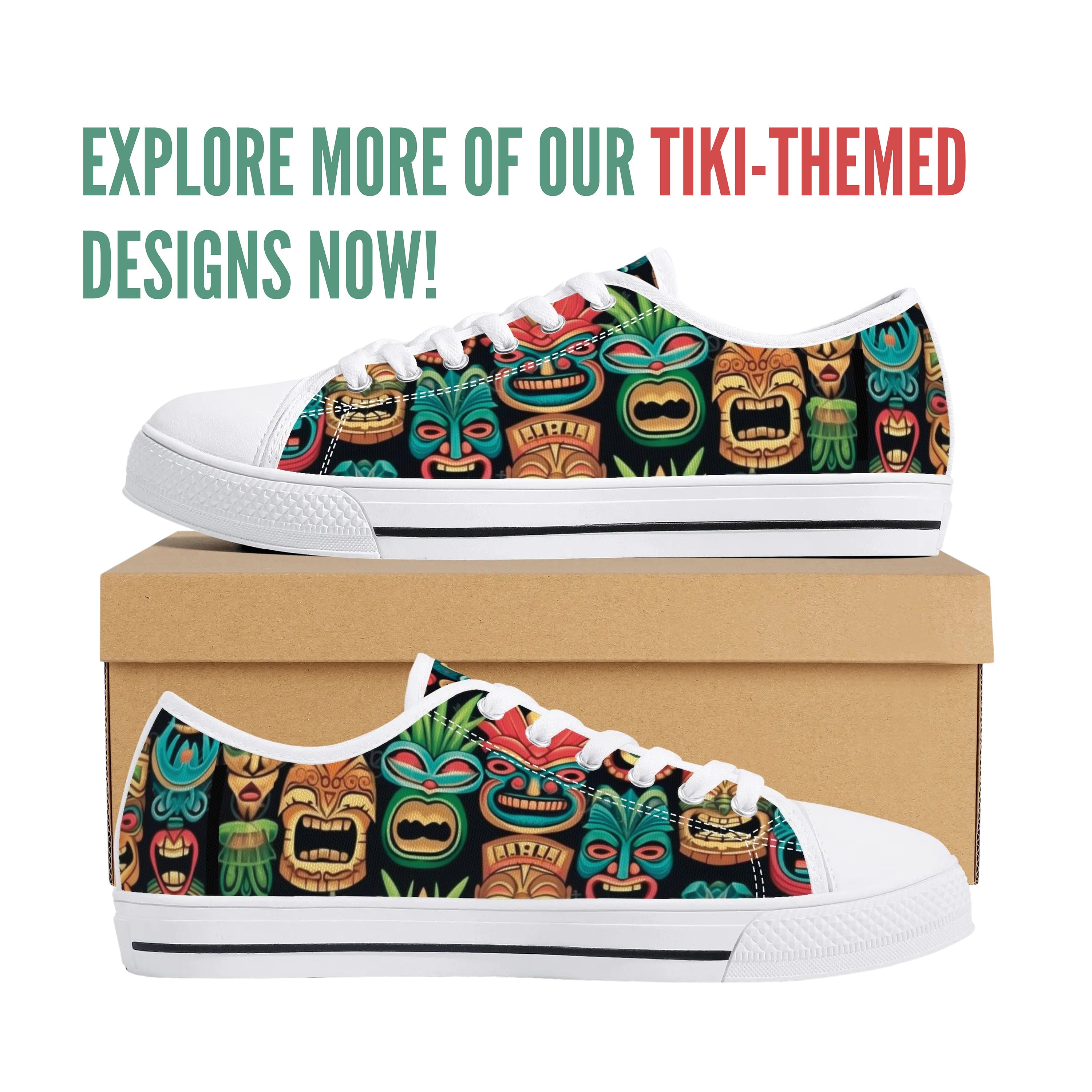 Tiki Print Canvas Sneakers, Tropical Print Sneakers, Vibrant Tiki Mask ...