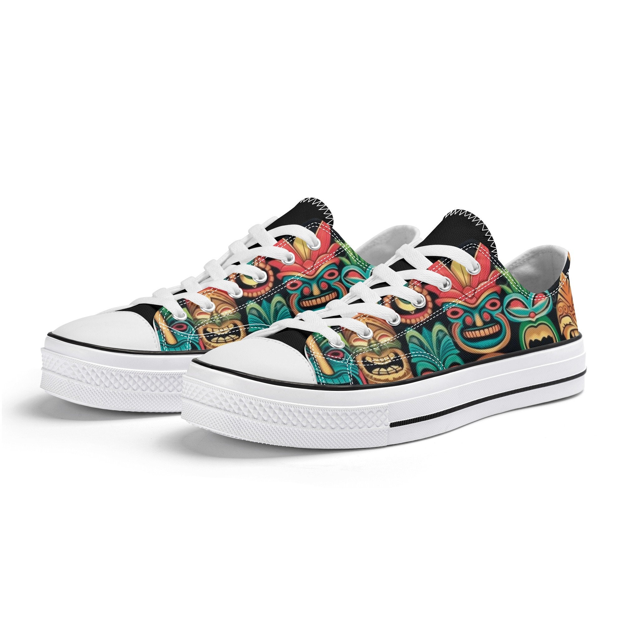 Tiki Print Canvas Sneakers, Tropical Print Low Top Sneakers, Vibrant ...