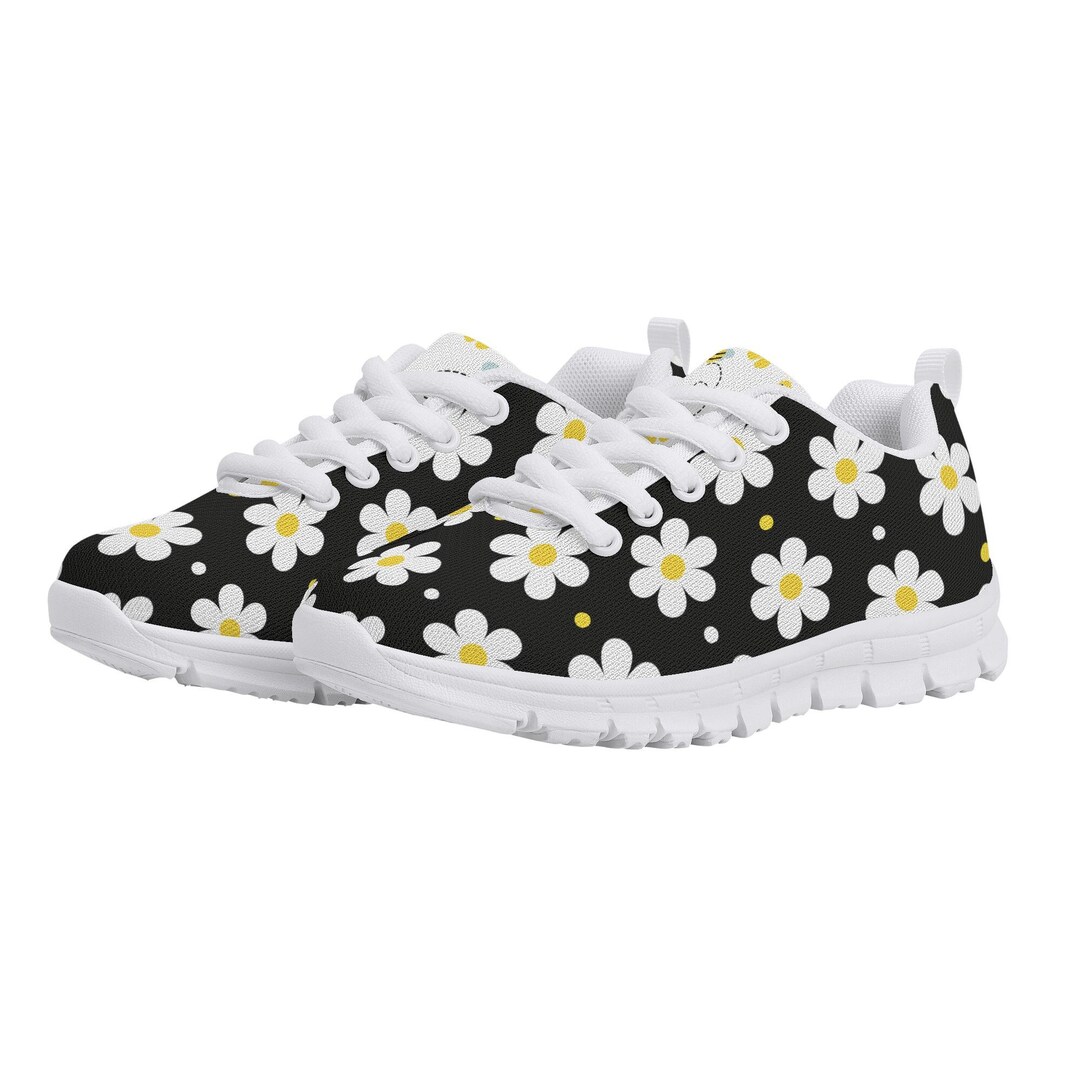 Little Girls Custom Floral Print Running Shoes, Daisy and Bumble Bee ...