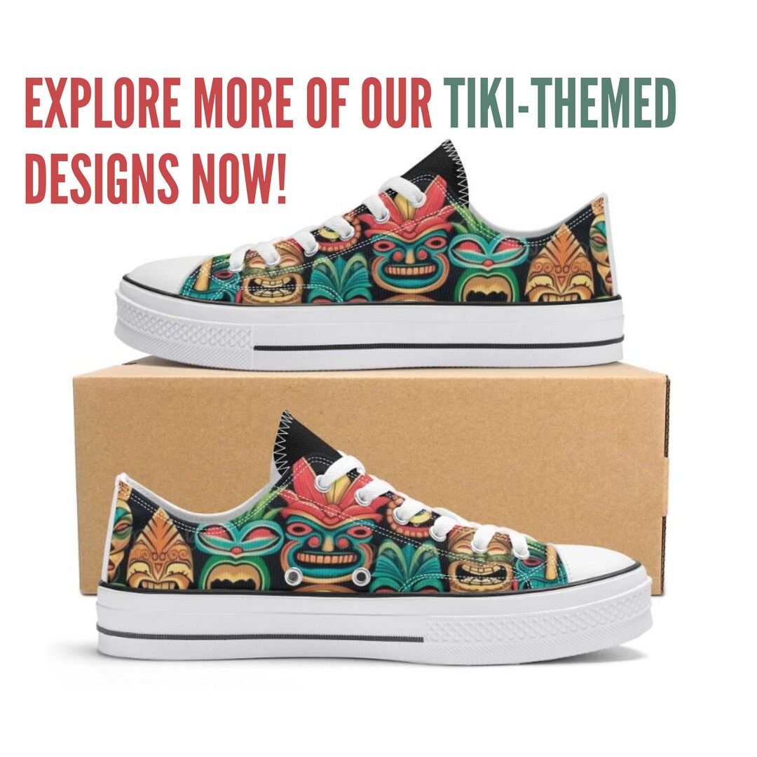 Tiki Print Canvas Sneakers, Tropical Print Low Top Sneakers, Vibrant ...