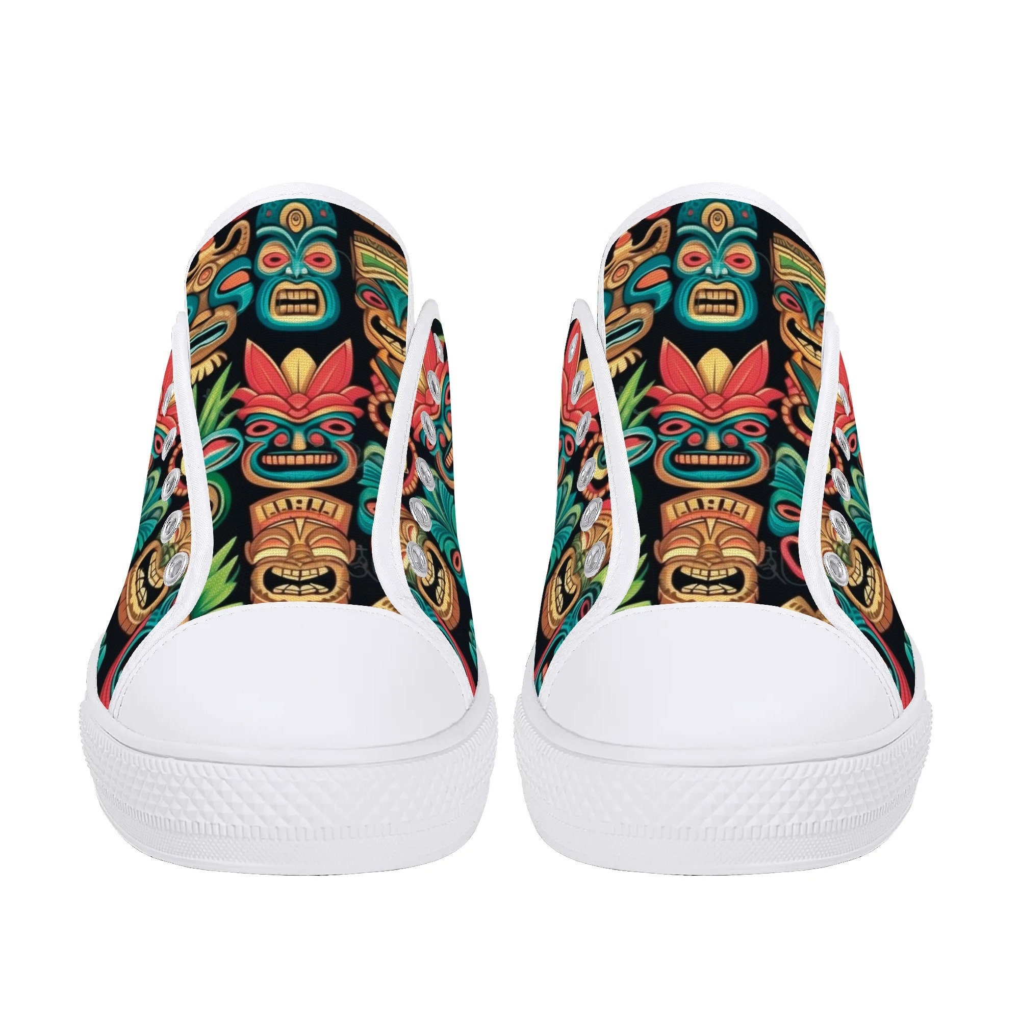 Tiki Print Canvas Sneakers, Tropical Print Sneakers, Vibrant Tiki Mask ...