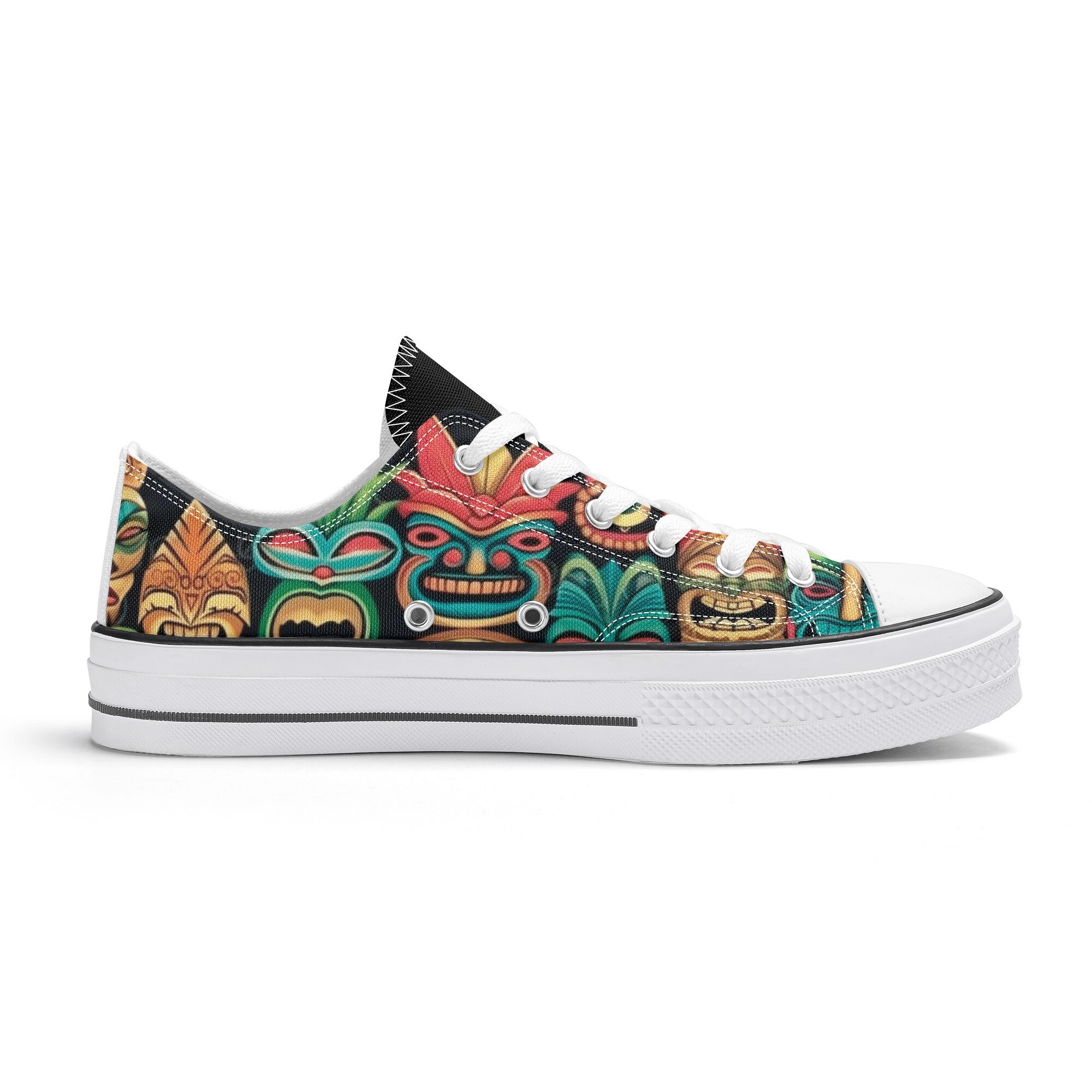 Tiki Print Canvas Sneakers, Tropical Print Low Top Sneakers, Vibrant ...