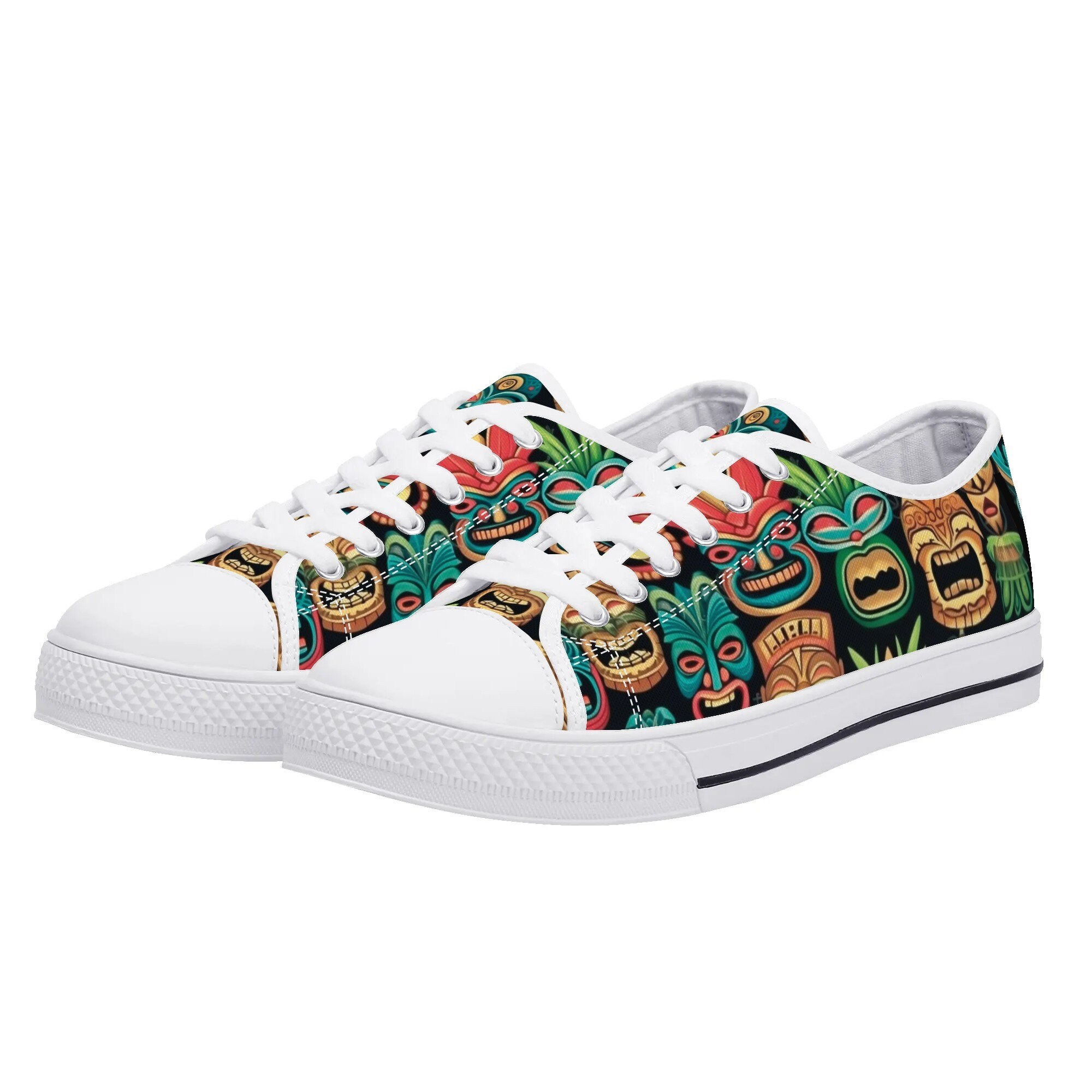 Tiki Print Canvas Sneakers, Tropical Print Sneakers, Vibrant Tiki Mask ...