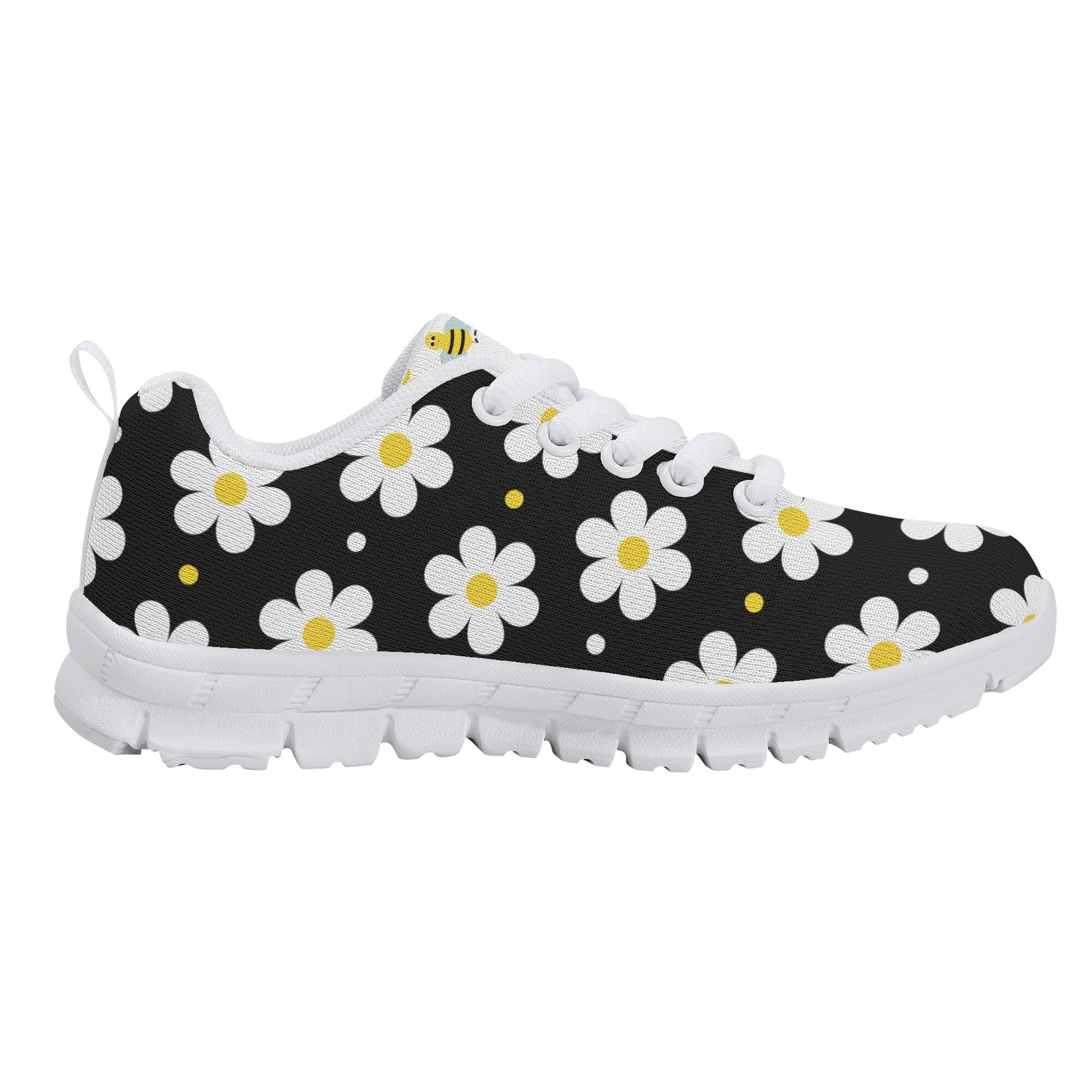 Little Girls Custom Floral Print Running Shoes, Daisy and Bumble Bee ...