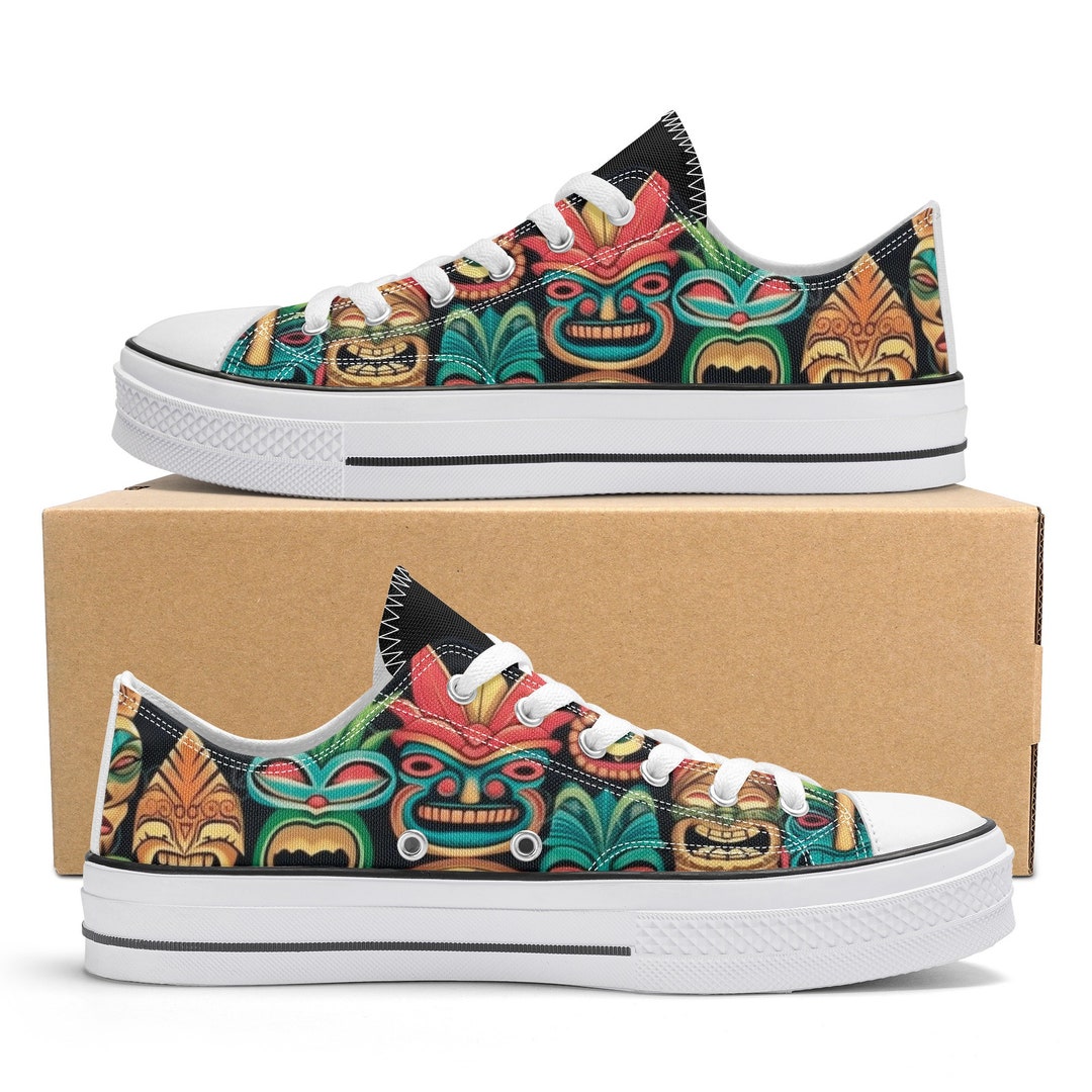 Tiki Print Canvas Sneakers, Tropical Print Low Top Sneakers, Vibrant ...